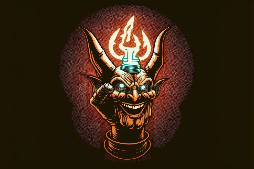 Bulb with Glowing Devil Horns Hand Gesture in Dark Backdrop Stock ...