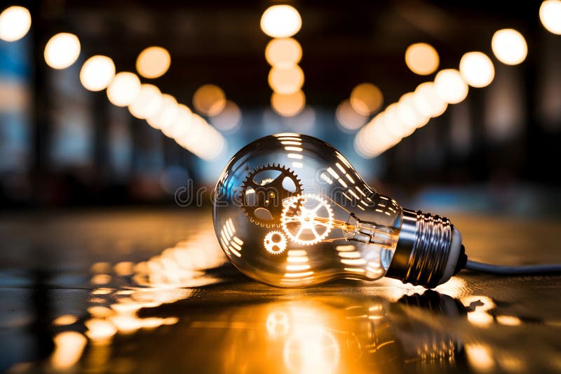 Bulb with Glowing Gears Inside, Emitting Warm Industrial Ambiance Stock ... Bulb with Glowing Gears Inside, Emitting Warm Industrial Ambiance Stock ...