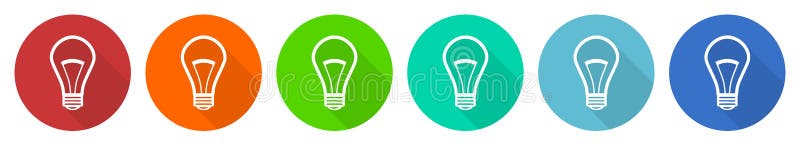 Bulb Icon Set, Flat Design Vector Illustration in 6 Colors Options for ...