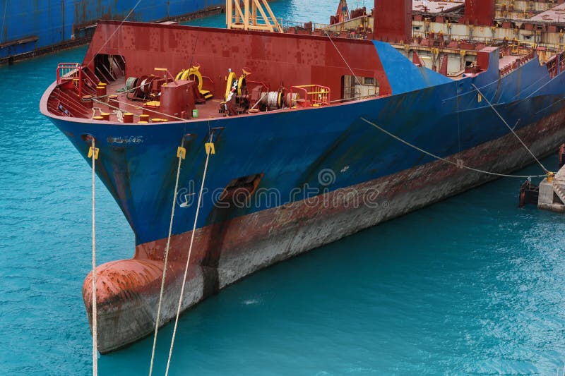 Bulbous Bow Cargo Ship Moored Towering Stock Image - Image of equipment ...