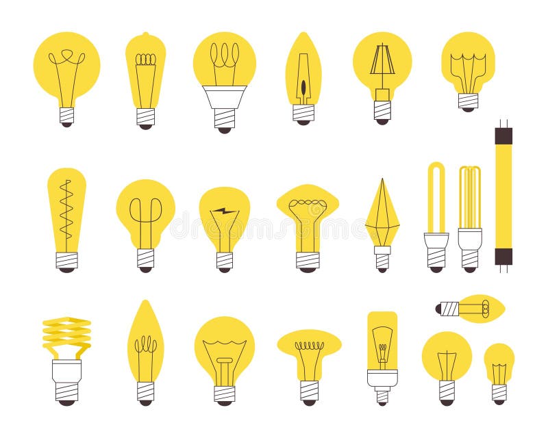 Bulbs Set. Lighting Yellow Electricity Bright Bulbs, Hand Drawn ...