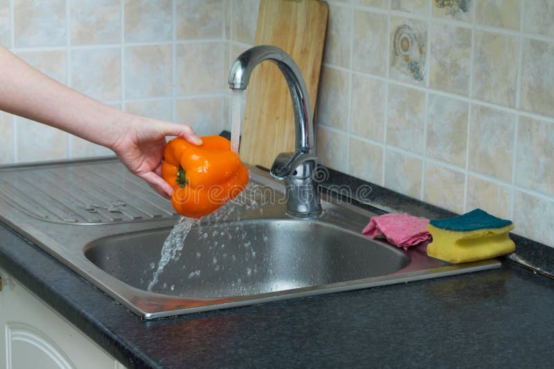 Bulgarian Orange Pepper Under Running Water Stock Photo - Image of ...