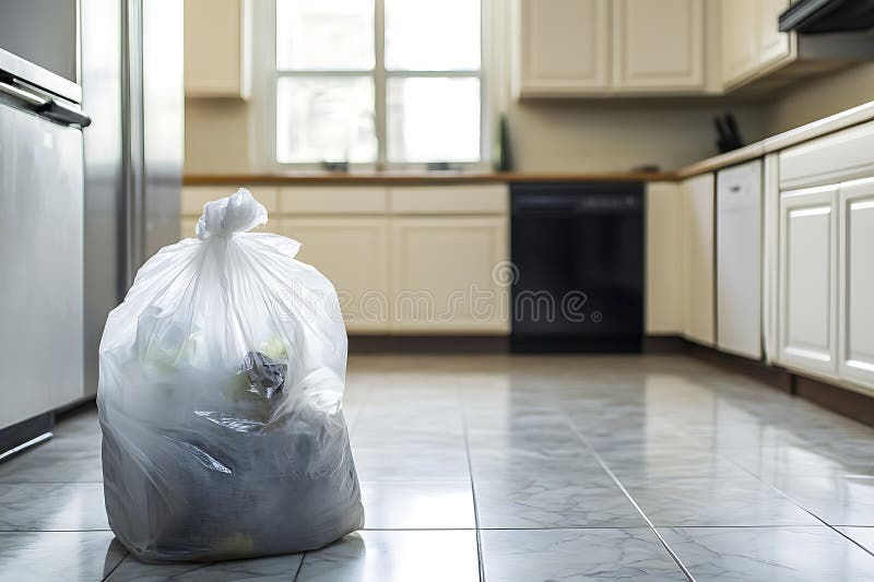 Bulging Plastic Garbage Bag in a Modern Kitchen Space Stock Photo ...