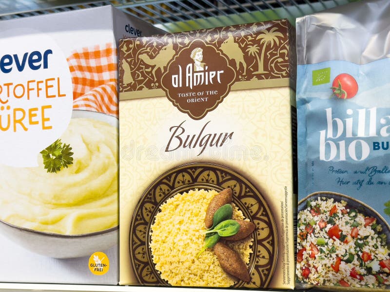 Bulgur Package on Grocery Shelf with Mashed Potato and Rice Products ...