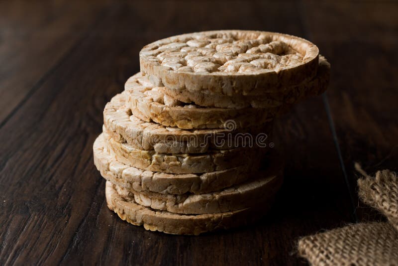 Bulgur Rice Cake Crackers Round Shaped on Dark Wooden Surface. Stock ...