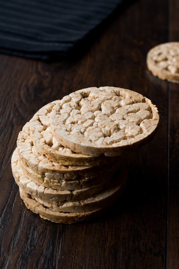 Bulgur Rice Cake Crackers Round Shaped on Dark Wooden Surface. Stock ...