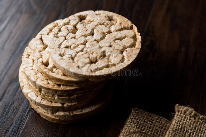 Bulgur Rice Cake Crackers Round Shaped on Dark Wooden Surface. Stock ...