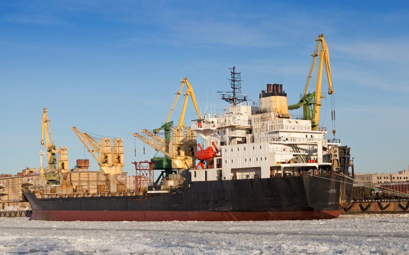 Bulk Cargo Ship Loading in Winter Port Stock Photo - Image of maritime ...