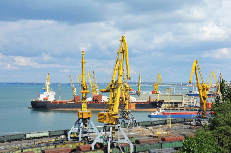 Bulk Cargo Ship and Train Under Port Crane Stock Photo - Image of ...