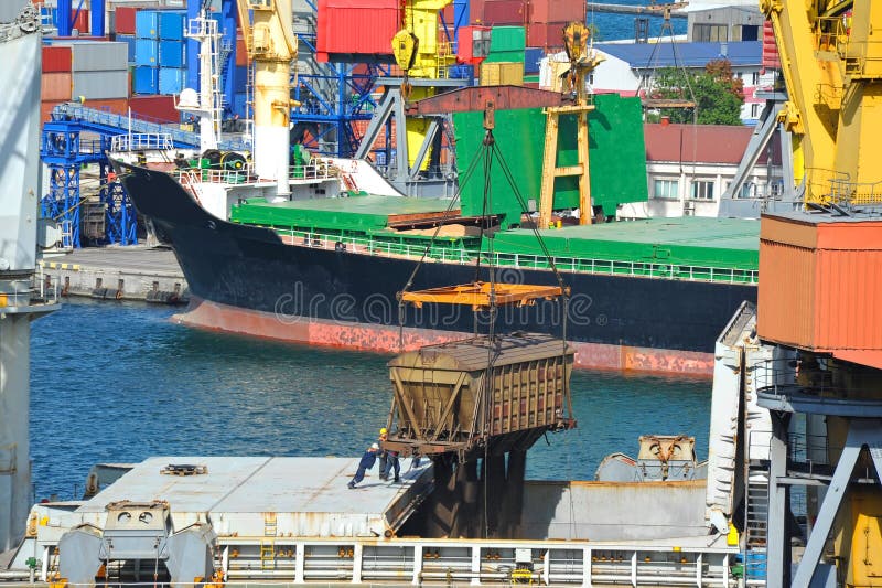 Bulk Cargo Ship and Train Under Port Crane Stock Photo - Image of ...