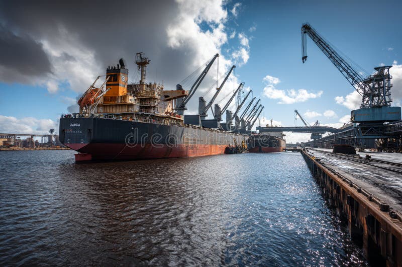 Giant Bulk Carrier Ship Being Loaded with Coal at a Modern Export Dock ...