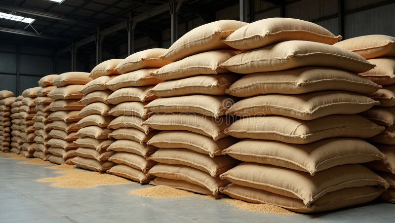 Bulk Storage Warehouse with Stacks of Grain Filled Burlap Sacks Stock ...
