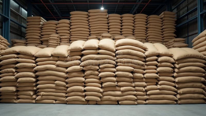 Bulk Storage Warehouse with Stacks of Grain Filled Burlap Sacks Stock ...
