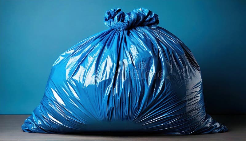 Large Blue Garbage Bag Stands Out Against a Solid Blue Background in a ...