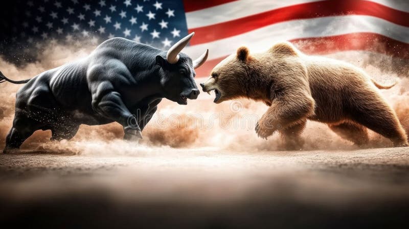Bull and Bear Clash with American Flag in Background Stock Illustration ...