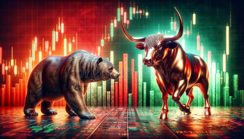 Bull and Bear Facing Off Against a Backdrop of Financial Graphs and ...