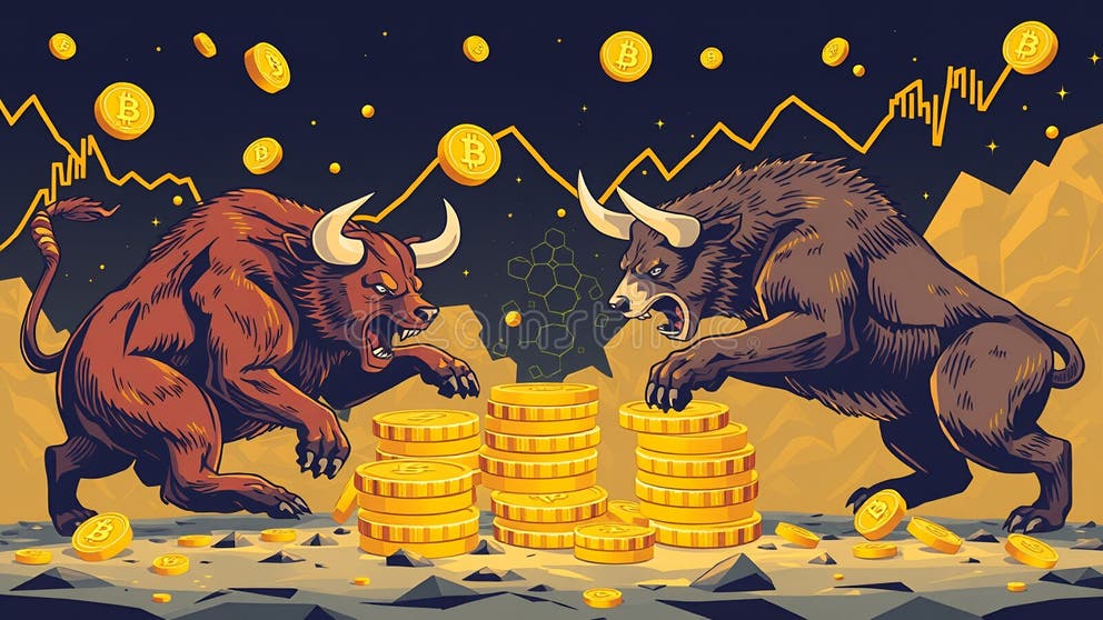 Bull and Bear Fight Over a Stack of Gold Coins Stock Illustration ...