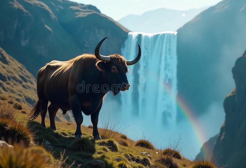 A Bull with Big Horns Stands on a Mountain Stock Image - Image of large ...