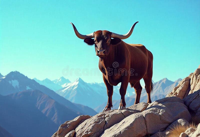 A Bull with Big Horns Stands on a Mountain Stock Photo - Image of ...