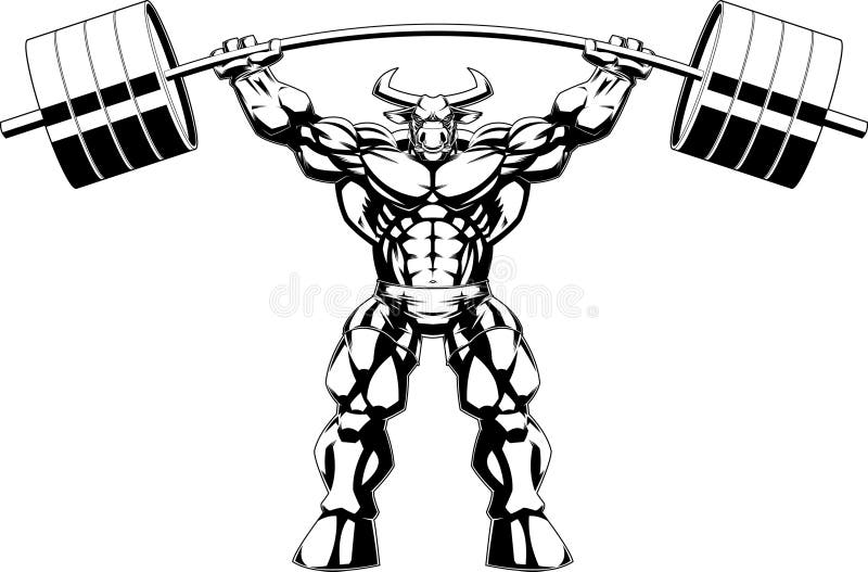 Outlined Muscular Bull Bodybuilder Mascot Lifting Big Barbell Stock ...