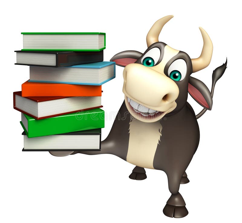 Bull Cartoon Character with Book Stack Stock Illustration ...