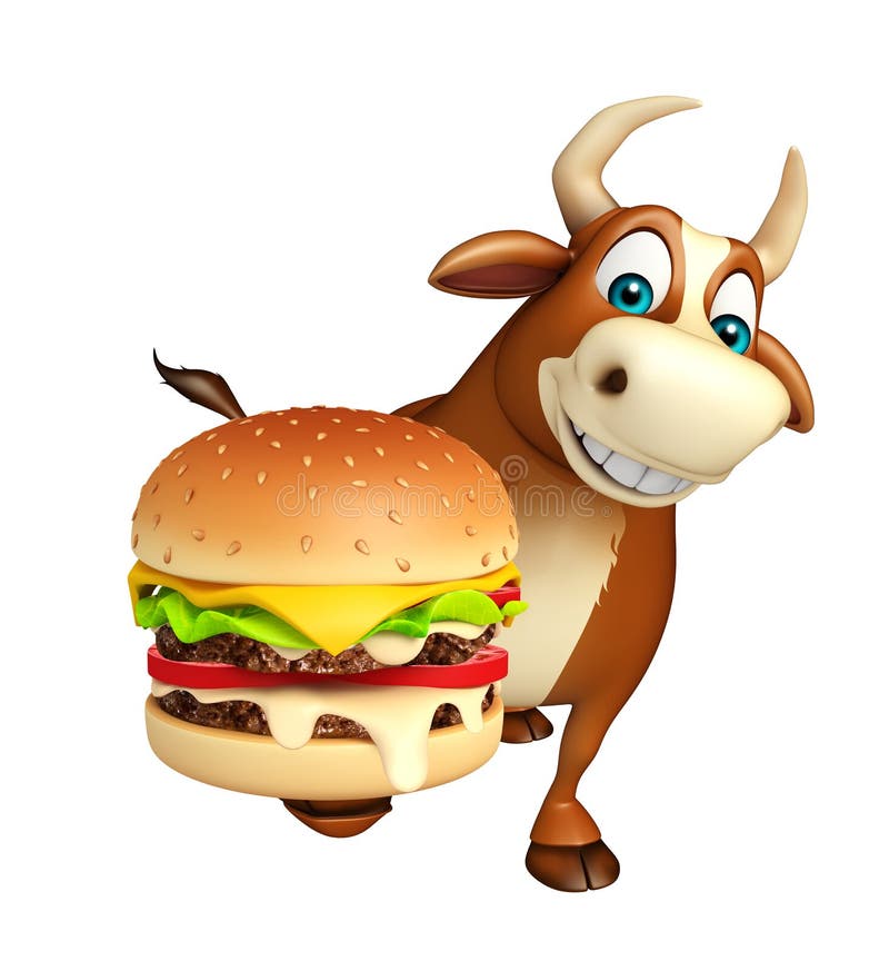 Bull Cartoon Character with Burger Stock Illustration - Illustration of ...