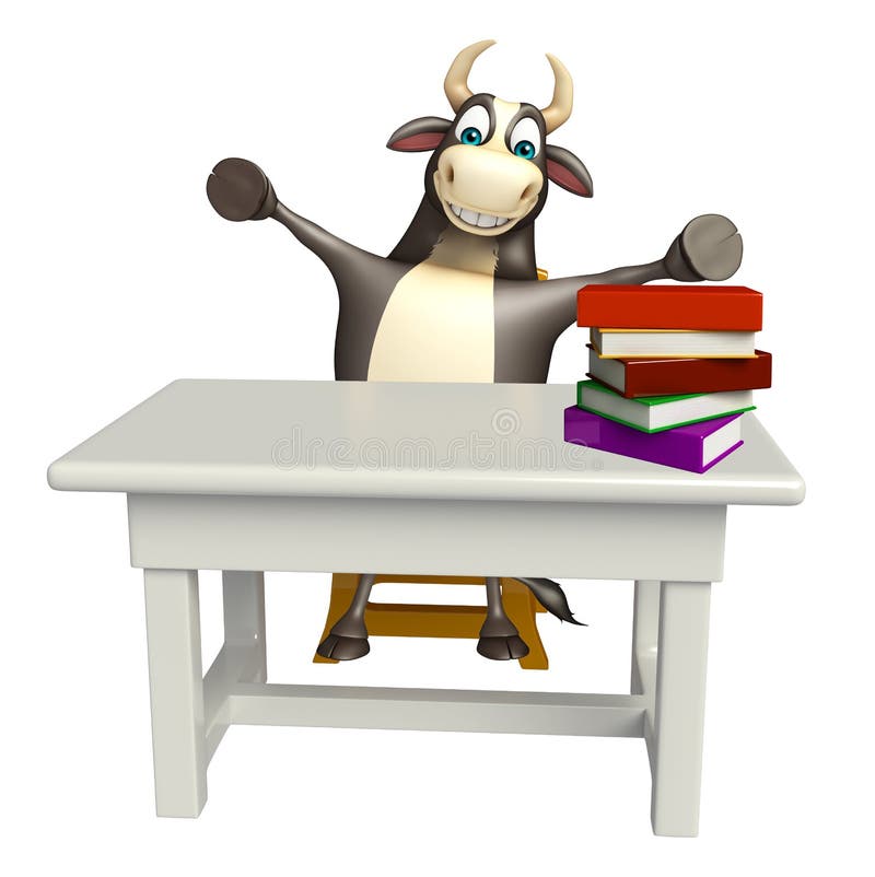 Bull Cartoon Character with Table and Chair and Book Stack Stock ...