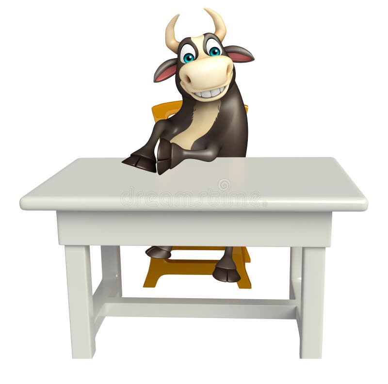 Bull Cartoon Character with Table and Chair Stock Illustration ...