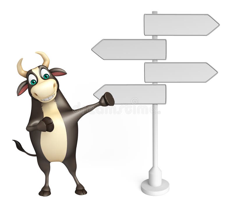Bull Cartoon Character with Way Sign Stock Illustration - Illustration ...