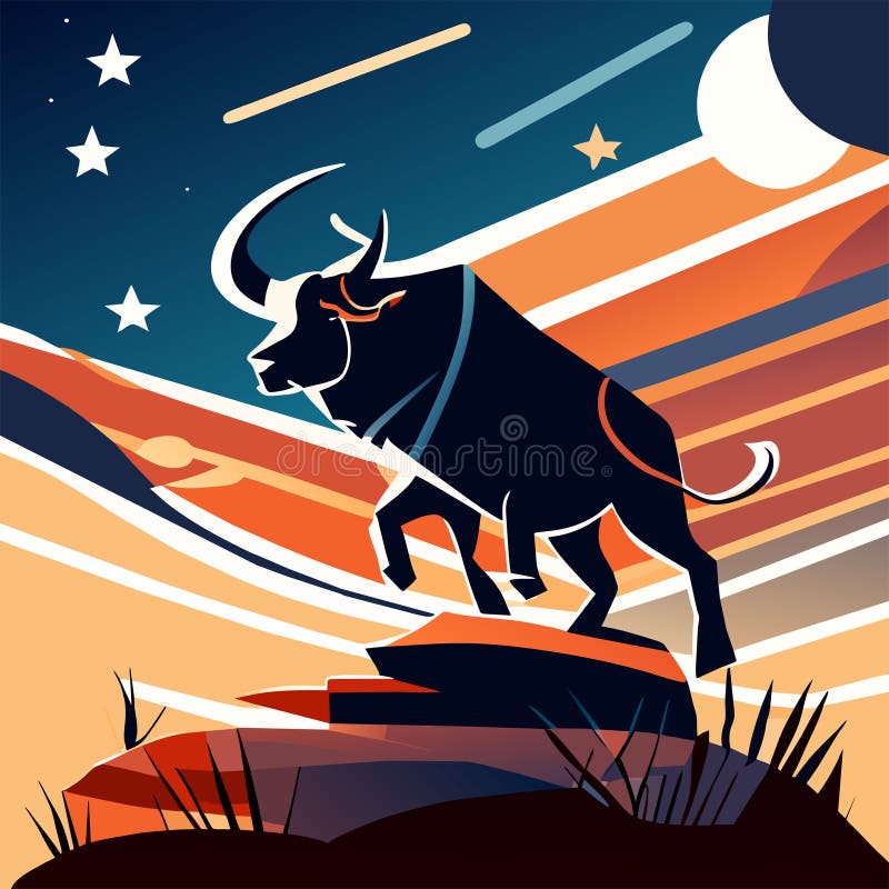 Bull in the Desert at Night. Vector Illustration in Flat Style Stock ...