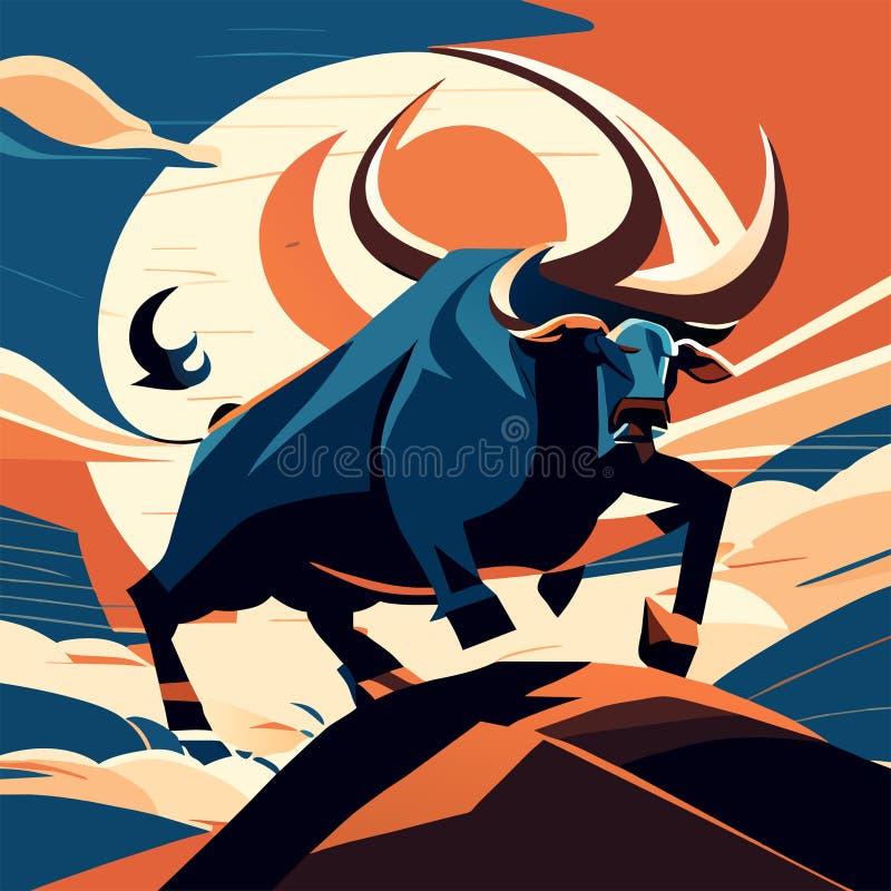 Bull in the Desert at Sunset. Vector Illustration in Flat Style Stock ...