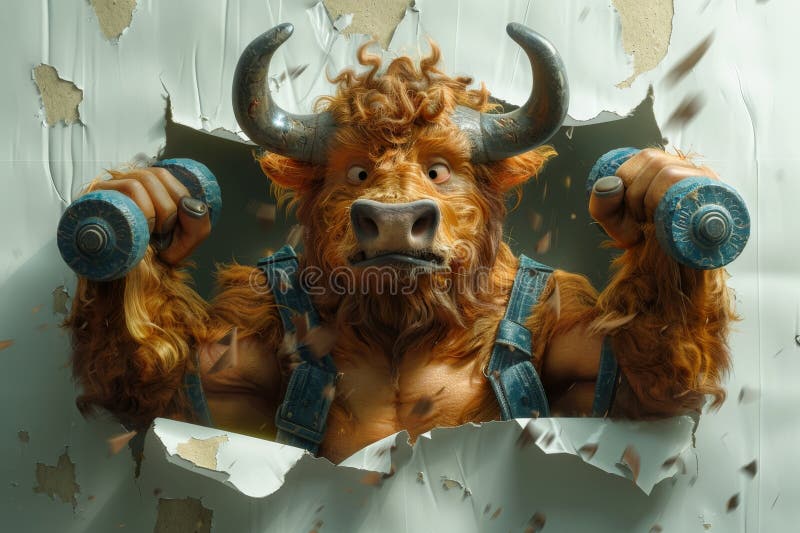 A Bull with Dumbbells Breaks through the Torn Paper. 3d Illustration ...