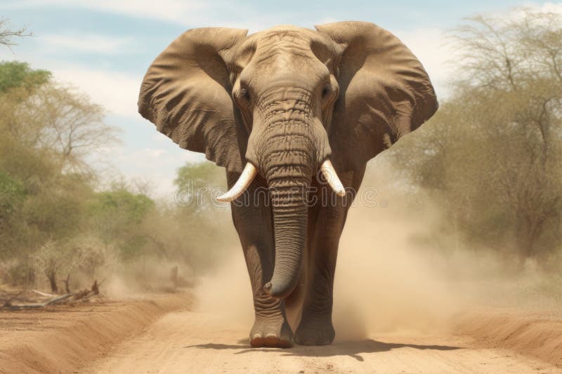 Bull Elephant Charging Towards Camera in African Savannah Stock ...