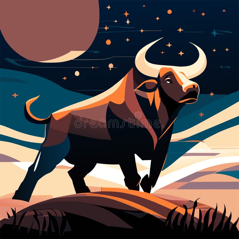 Bull in the Field at Night with Full Moon. Vector Illustration Stock ...