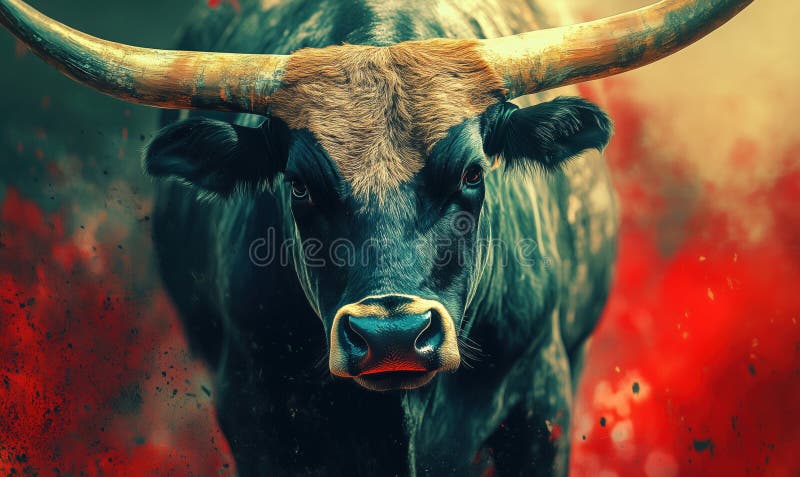 Bull with Fierce Expression, Vibrant Colors, Dramatic Background Stock ...