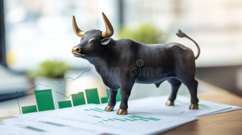 Bull Figurine on Financial Documents with Charts and Graphs Stock ...