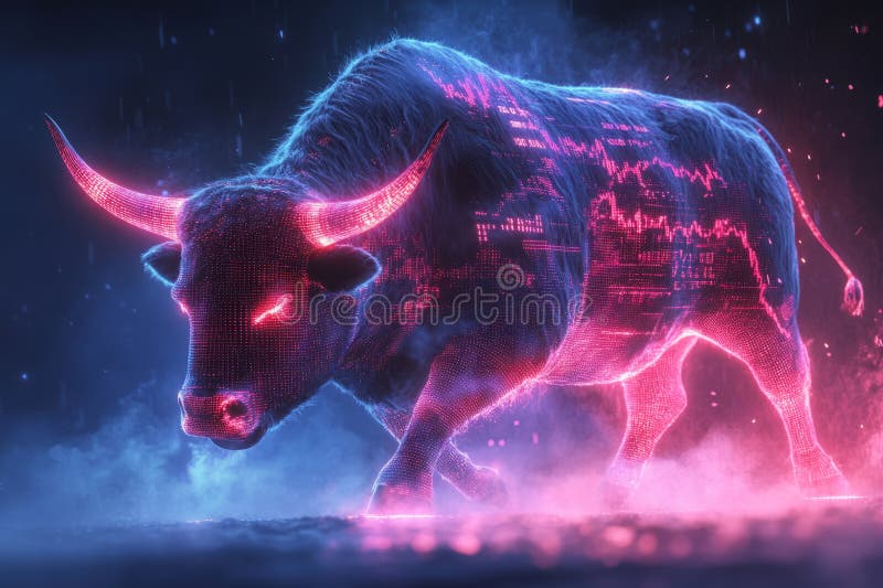 Bull Glowing in Neon Pink with Chart Patterns Across Its Body Stock ...