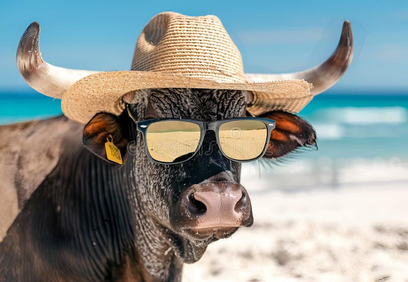 A Bull in a Hat and Glasses is Relaxing on the Beach. Stock ...