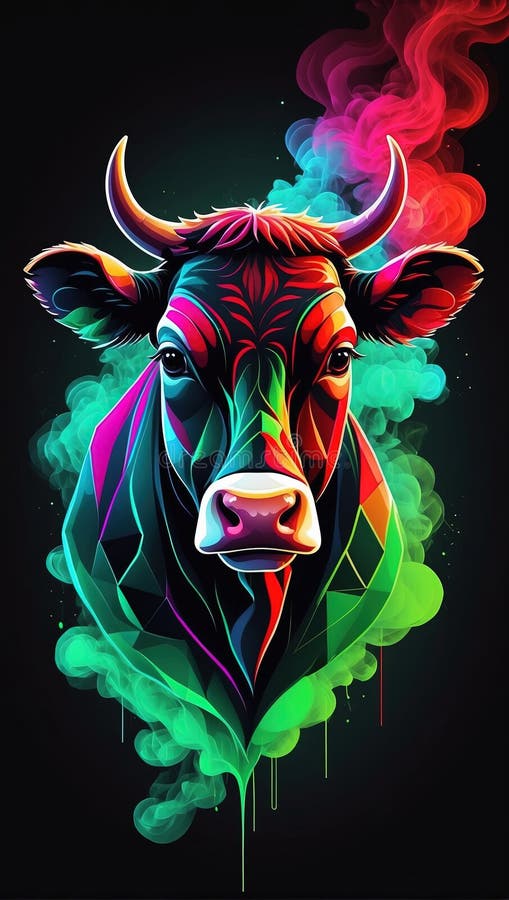 Bull Head with Colorful Smoke on Black Background Stock Illustration ...