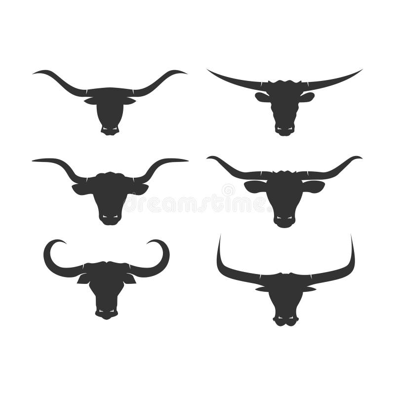 Bull Head Icon Set. Bullhead Silhouette Long Horn Vector Template Stock ...