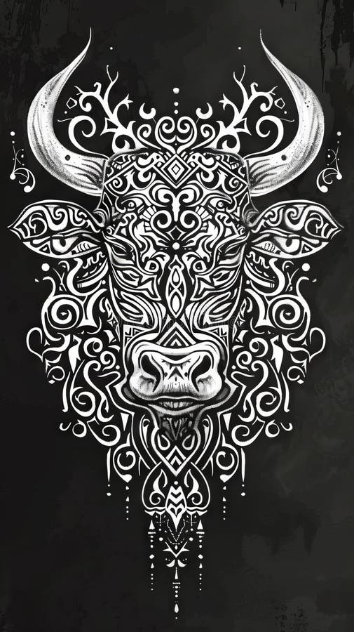 Bull Head with Tribal Patterns in a Simple Line Drawing. Stock ...