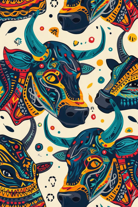 Bull Heads with Vibrant Tribal Patterns in a Pattern Layout. Stock ...
