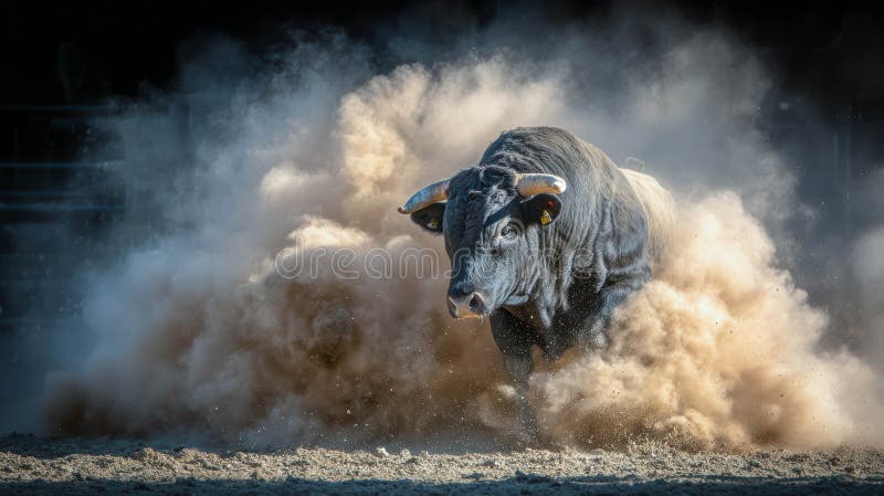 Bull Kicks Up Dirt in Rodeo Ring during Intense Action Under Dramatic ...