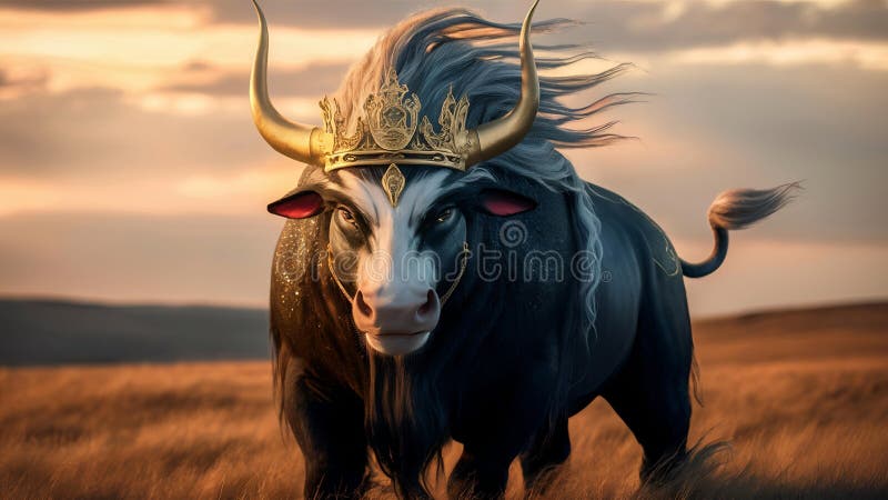 Bull King with Golden Crown on Grassland Stock Illustration ...