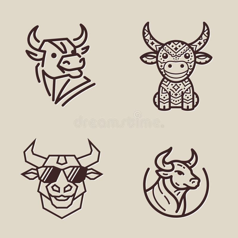 Bull Logo Collection, Linear Style Cow Emblem Set Stock Illustration ...