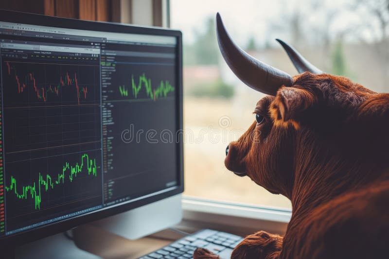 Bull Looking at Computer Screen Displaying Rising Stock Market Chart ...