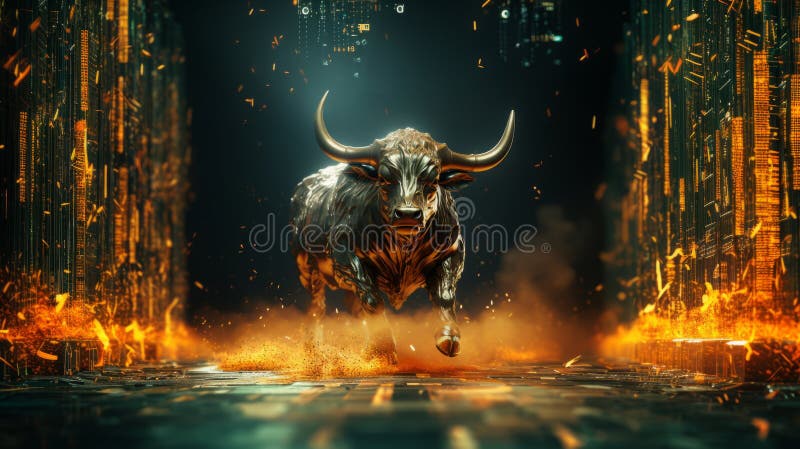 Bull Made of Gold Running through Glowing Cool. Stock Image - Image of ...