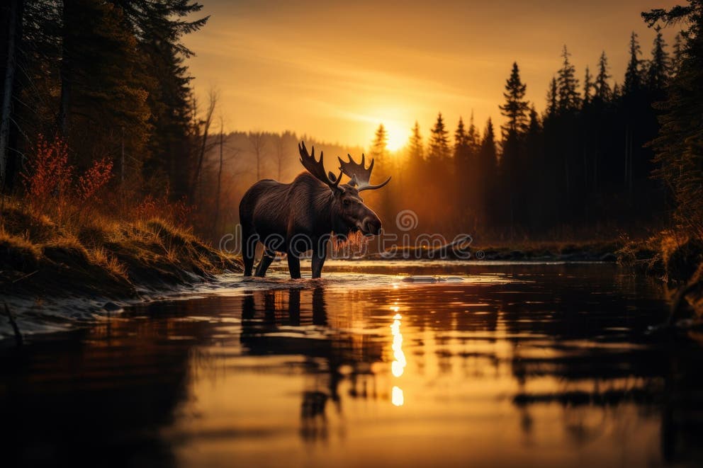 A Bull Moose Standing in the Edge of a River in the Forest. Created ...