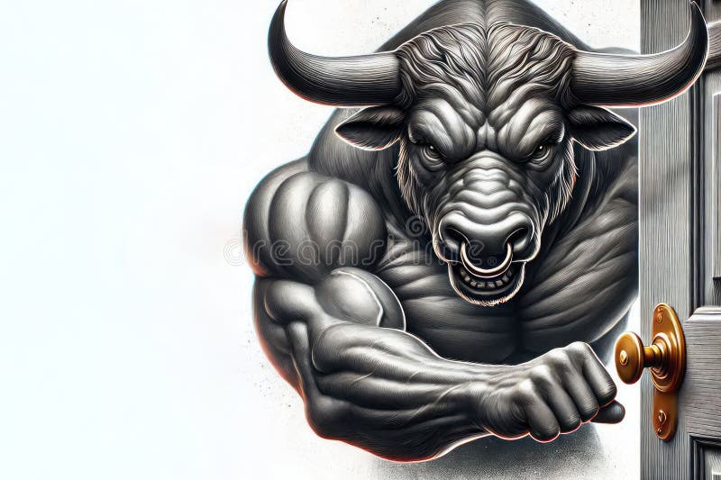 A Bull with Muscles Breaks into the Door. Space for Text. Stock Photo ...