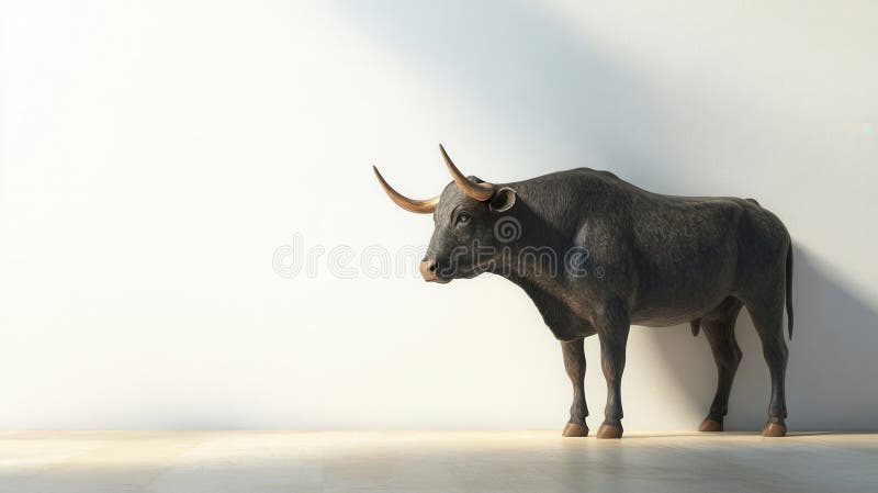 Bull with Prominent Horns Standing Against Plain Wall Stock ...